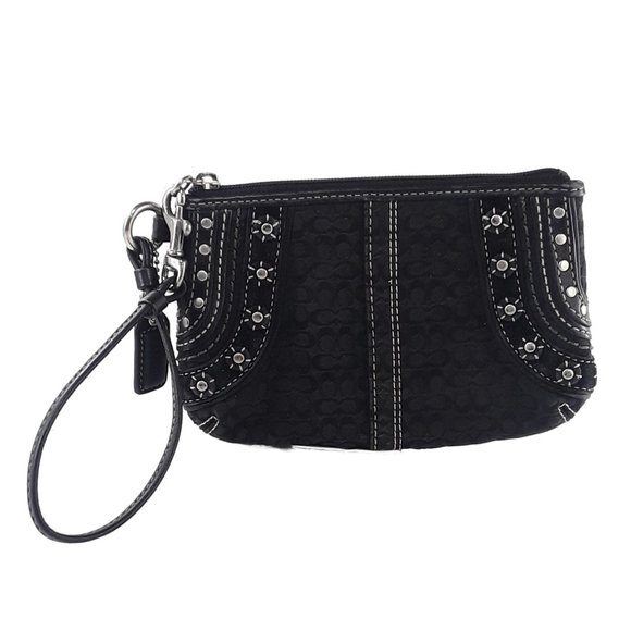 Coach | Bags | Coach Black Studded Signature Canvas Leather Wristlet ...